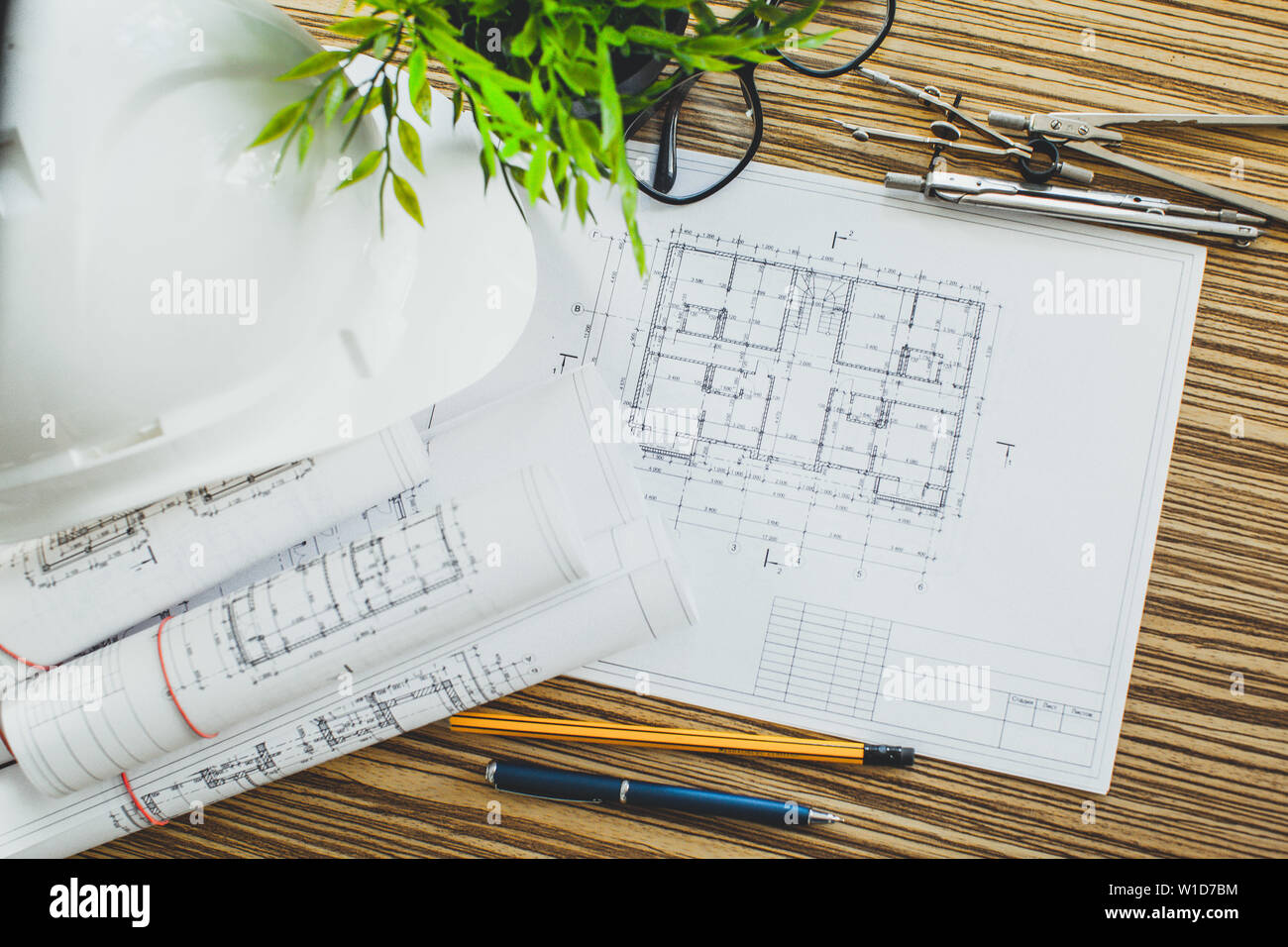 Project drawings and tools, close up Stock Photo - Alamy