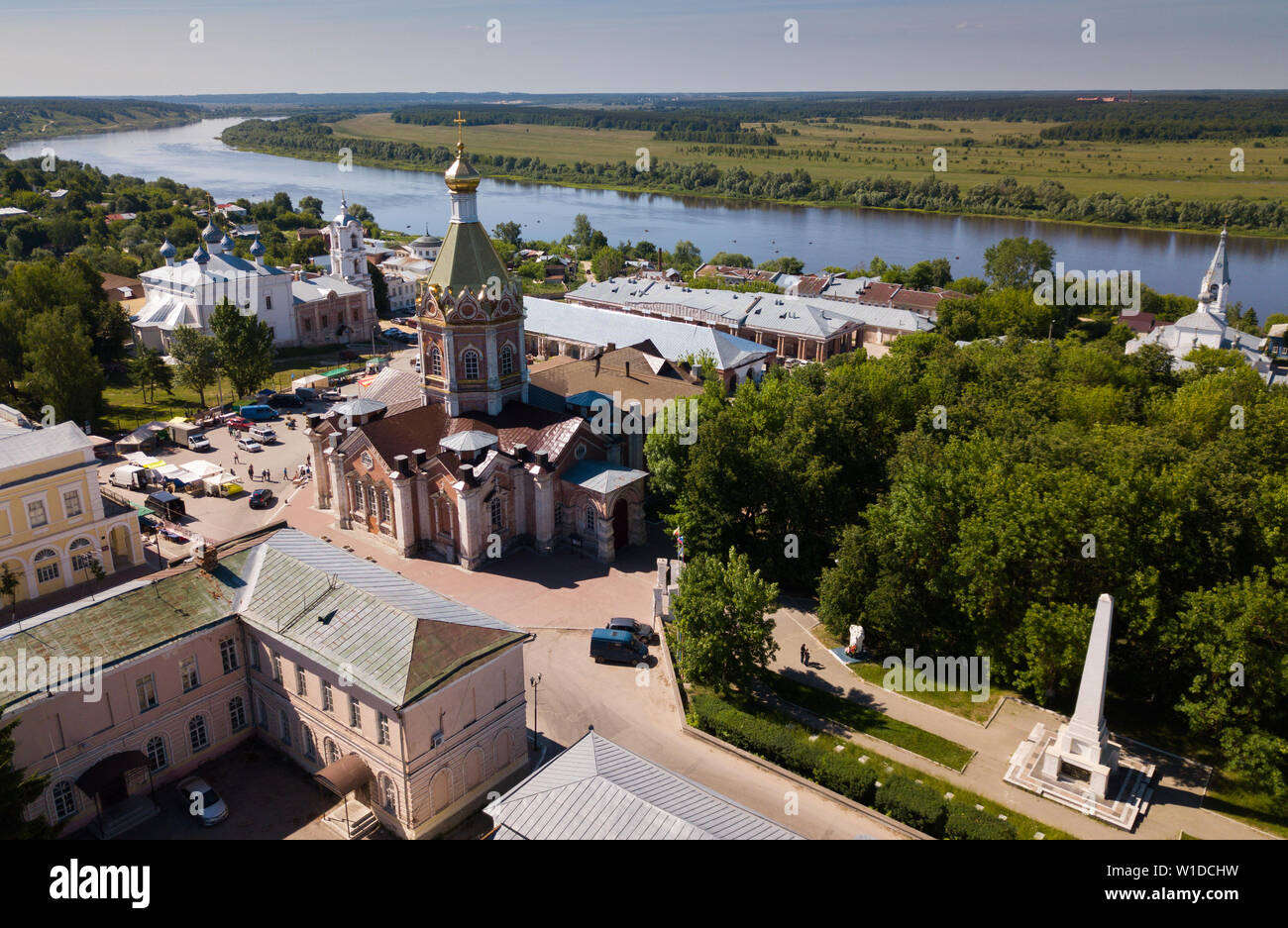 Aerial view of city landscape of Kasimov on Oka river with Ascension ...