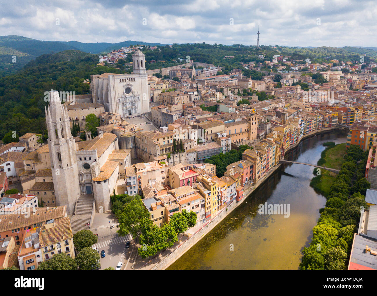 Aerial view of main landmarks of Girona - Saint Mary Cathedral and ...