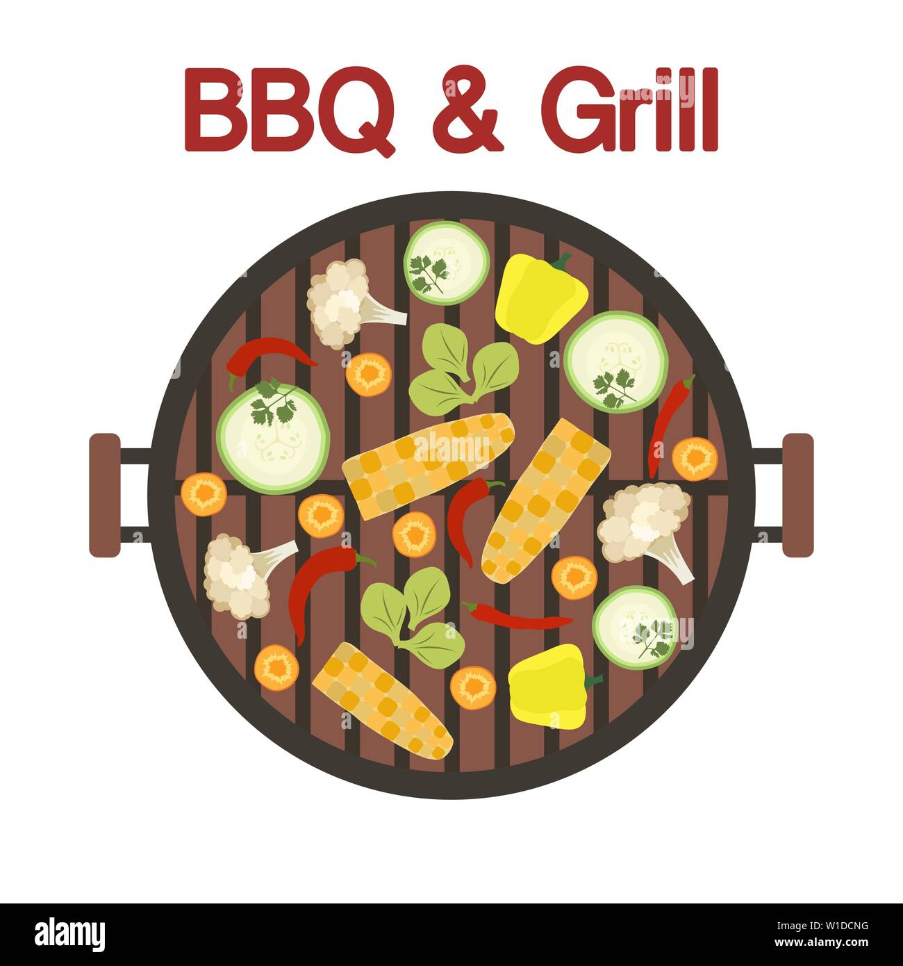 Vector illustration with round barbecue grill top view with vegetables ...