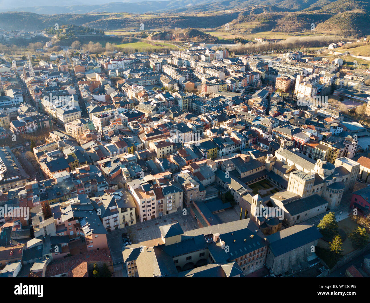 Aerial view of cityscape of La Seu d'Urgell and main historical ...
