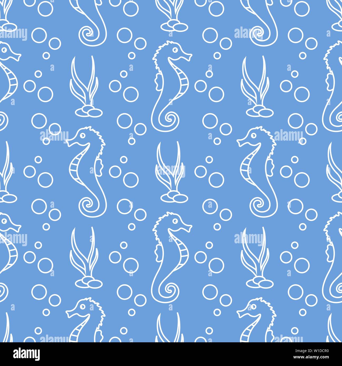 Vector seamless pattern with sea horses, underwater plants and bubbles ...