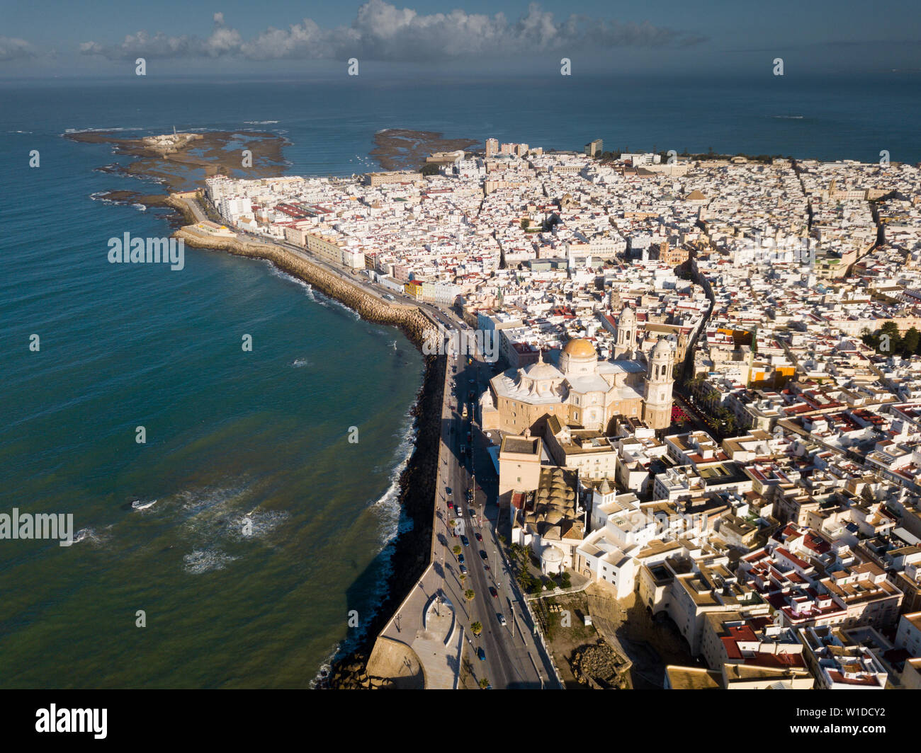 Aerial view of cityscape with old Roman Catholic Cathedral of Cadiz ...