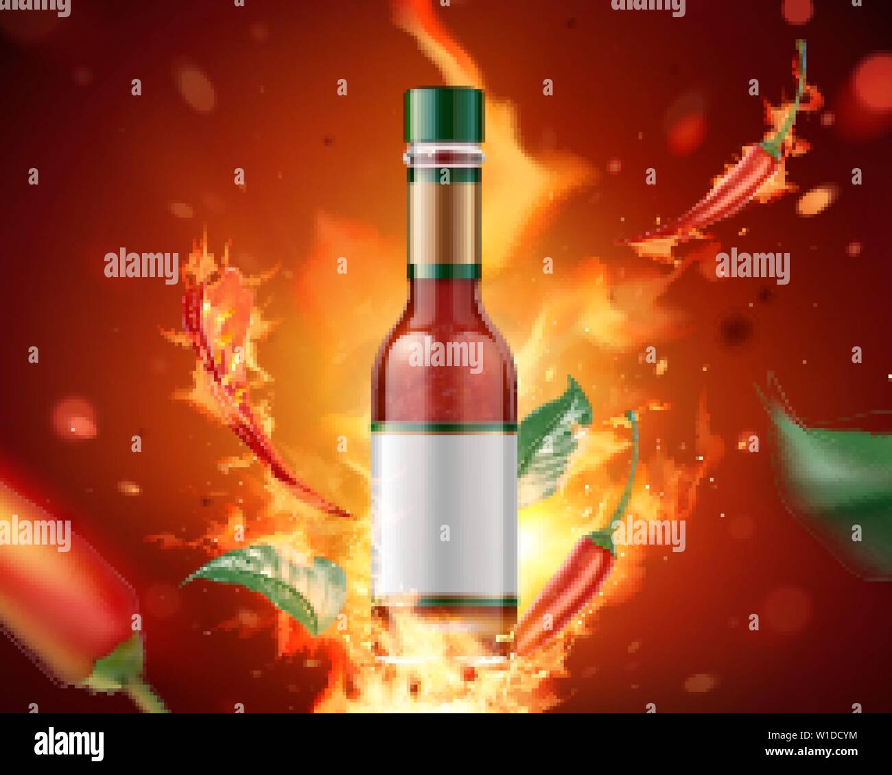Hot sauce product with burning fire and chili on glitter red background ...