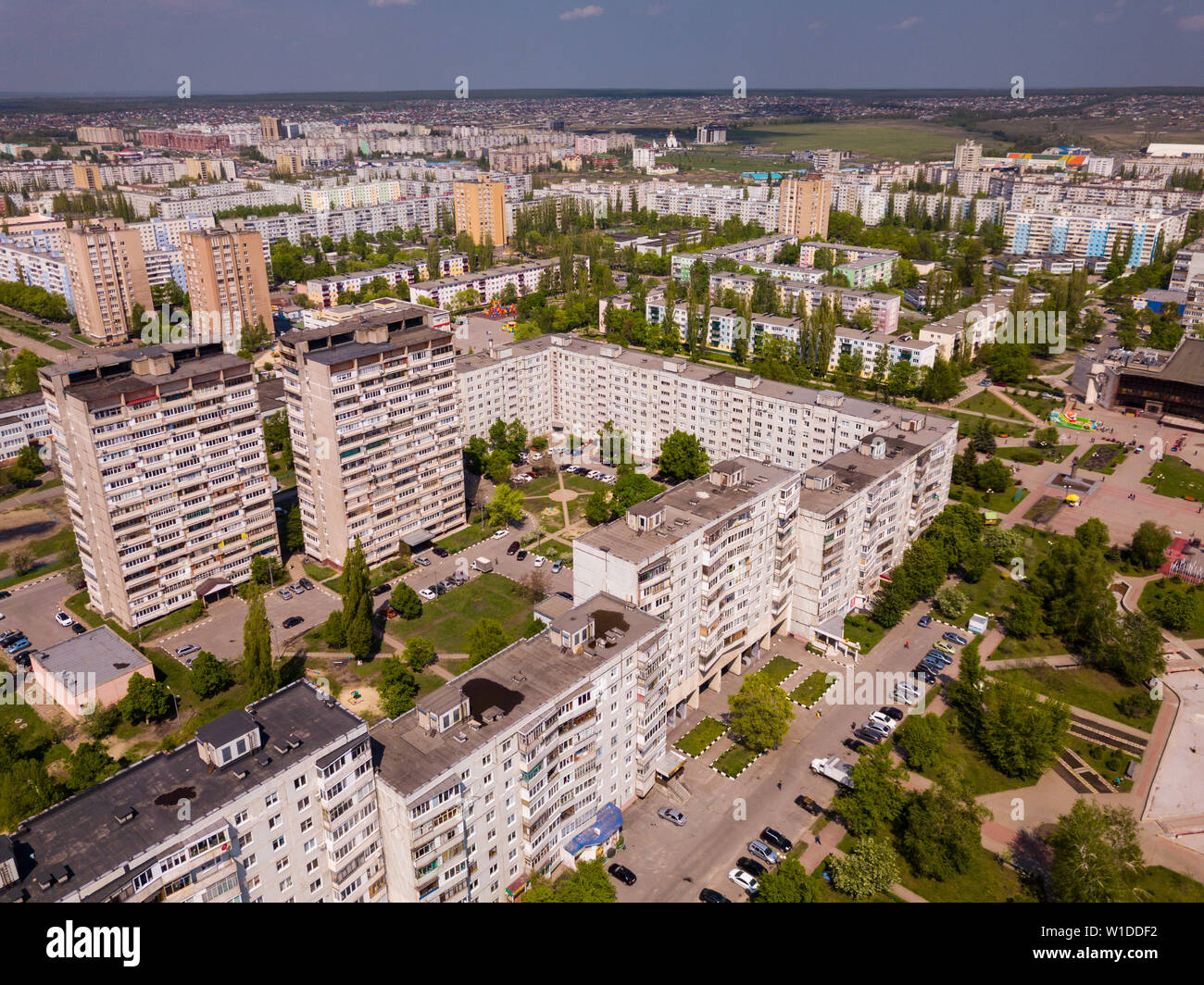 Aerial view of modern residential areas of Stary Oskol in sunny spring ...