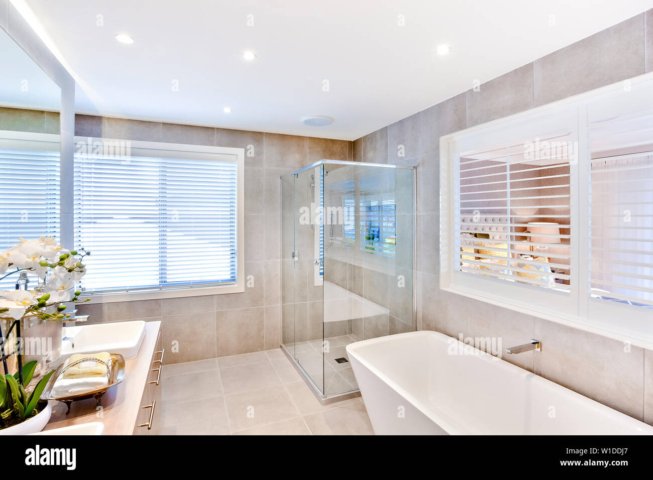 A stylish bathroom with a bathtub against the wall and a walk-in shower ...