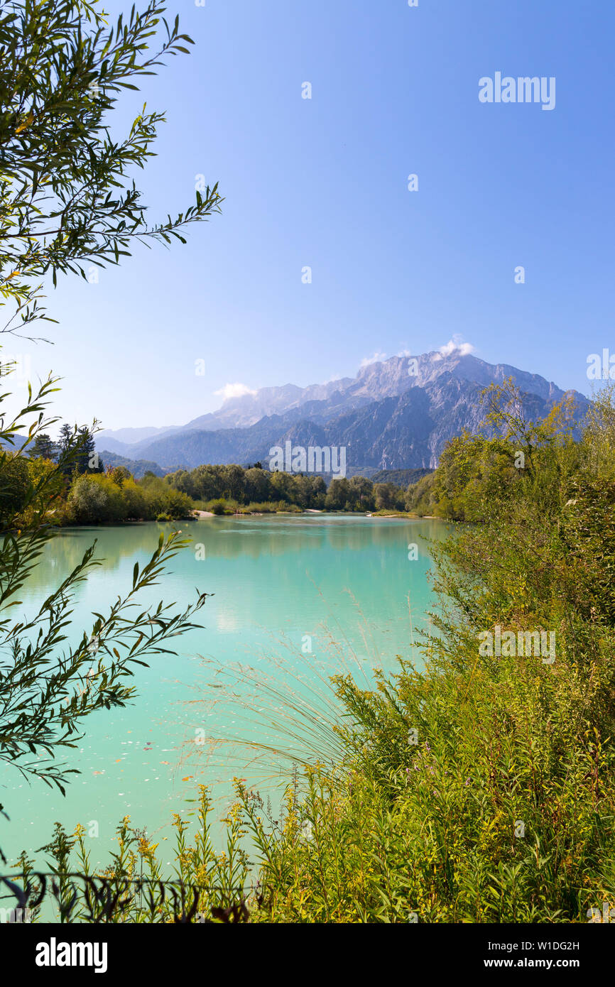 Idyllic shore landscape: Blue clear water, flowers, pebble beach and ...