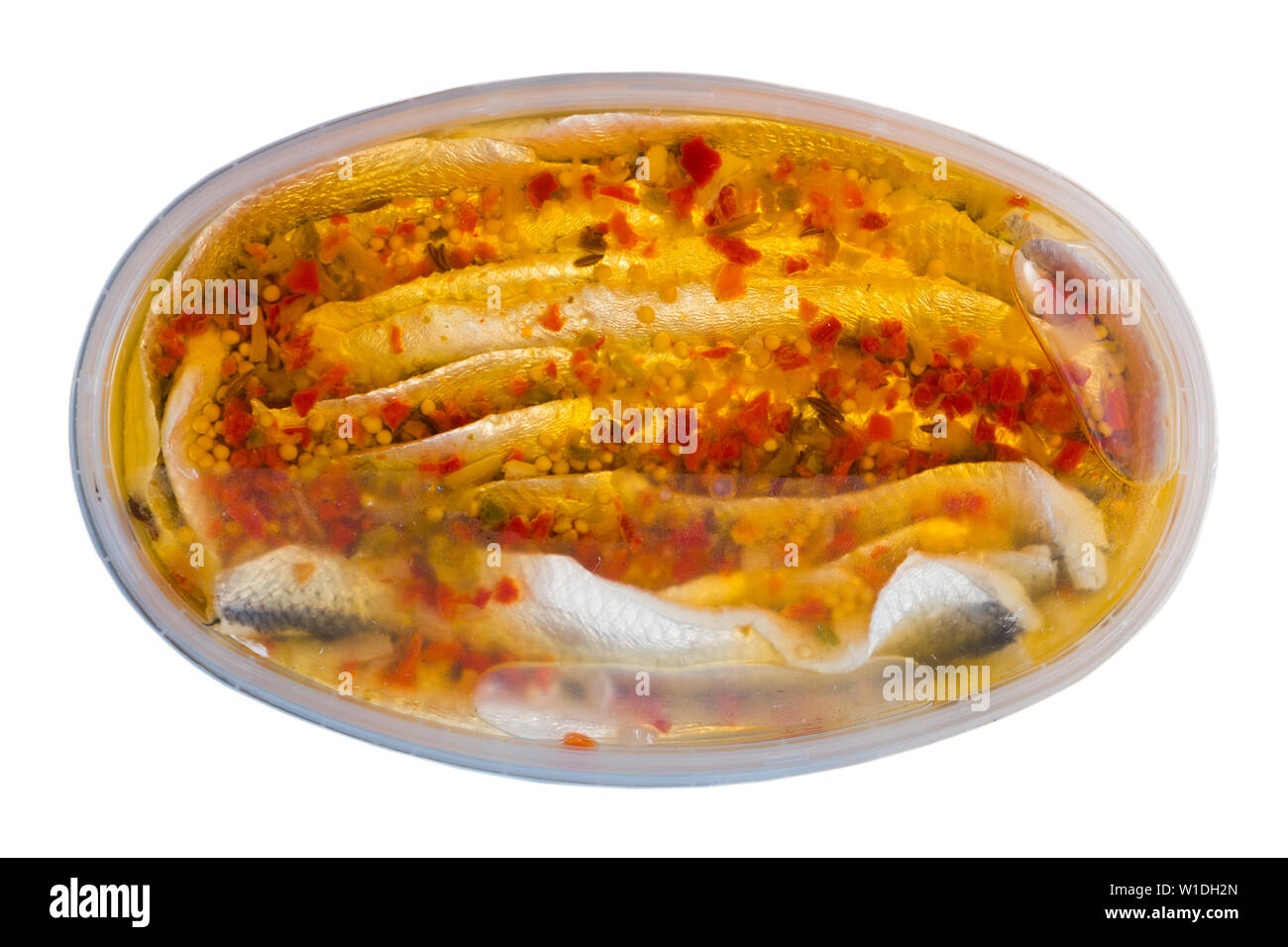 Preserved sardines marinated with spices in plastic container. Isolated ...