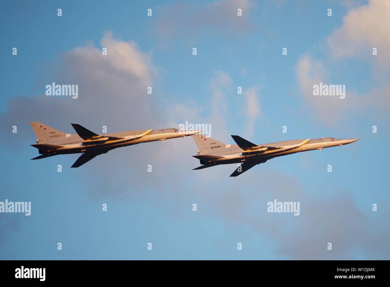 Minsk, Belarus - July 1, 2019 Flight of aircraft over the city, a group ...