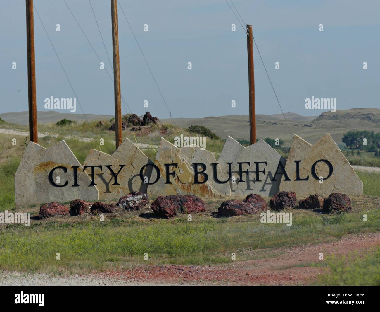 Buffalo, Wyoming--July 2018: Close up of a roadside sign outside the ...