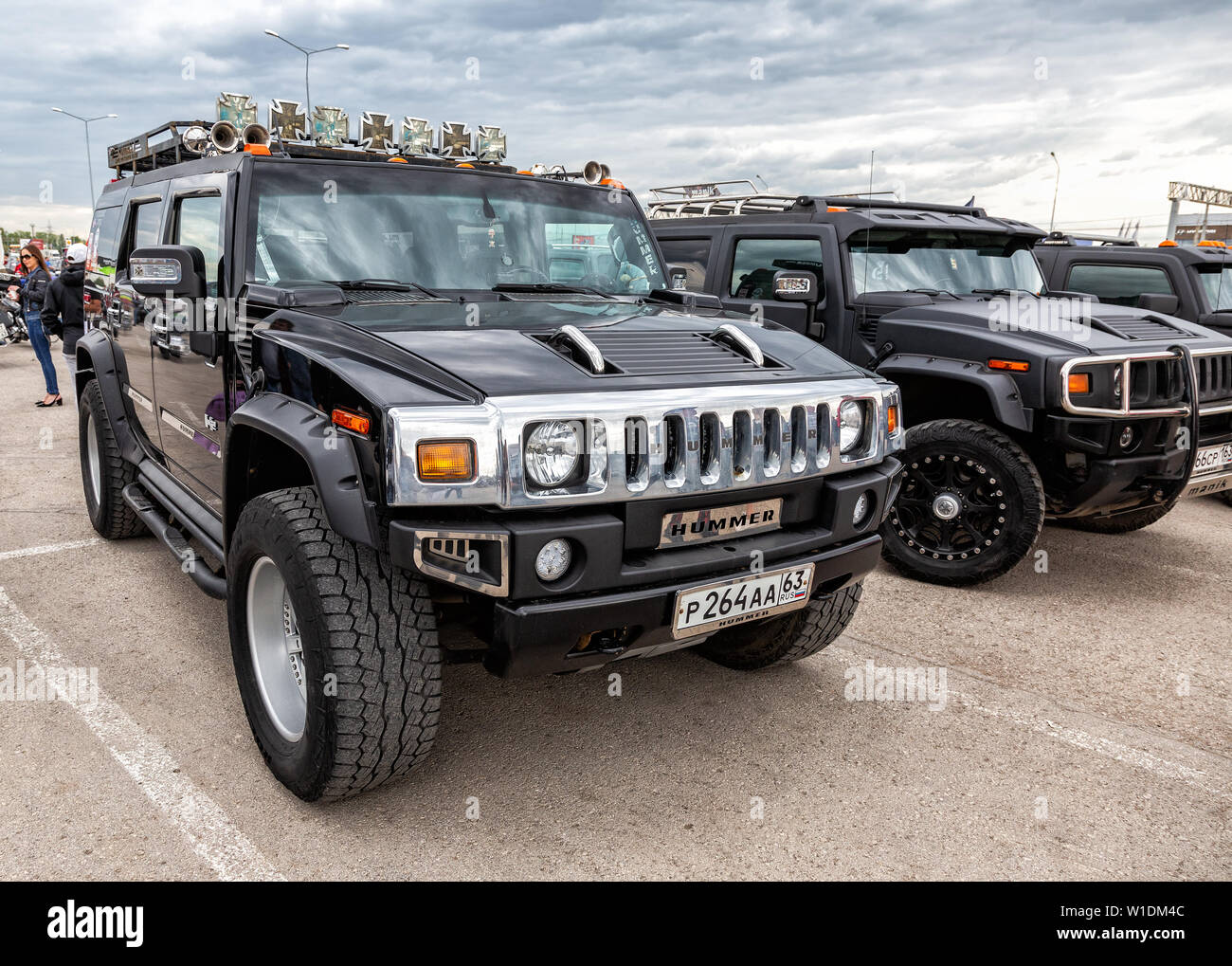 Samara, Russia - May 18, 2019: Black luxury cars Hummer parking at the ...