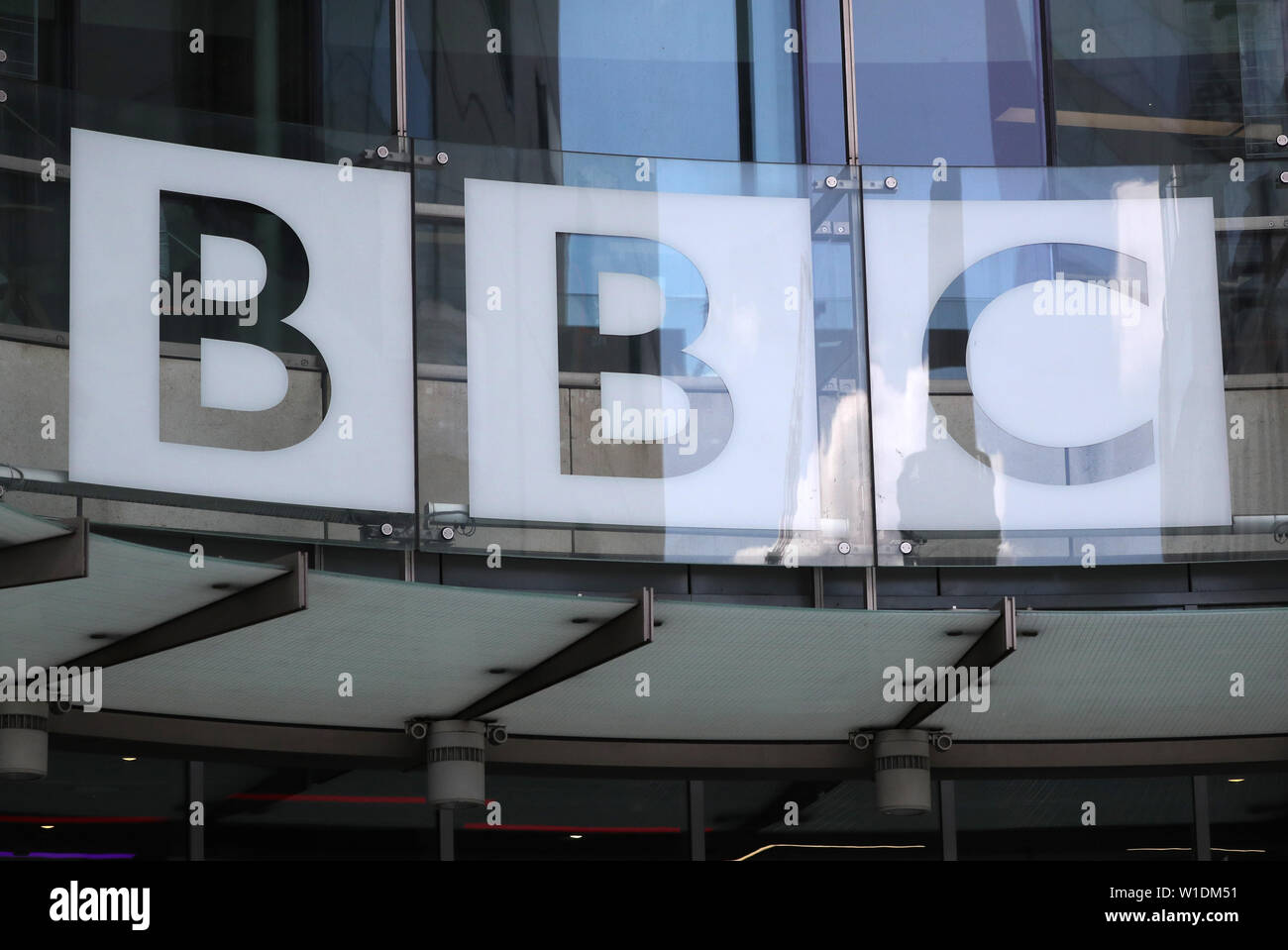 A view of the BBC New Broadcasting House sign in central London Stock ...