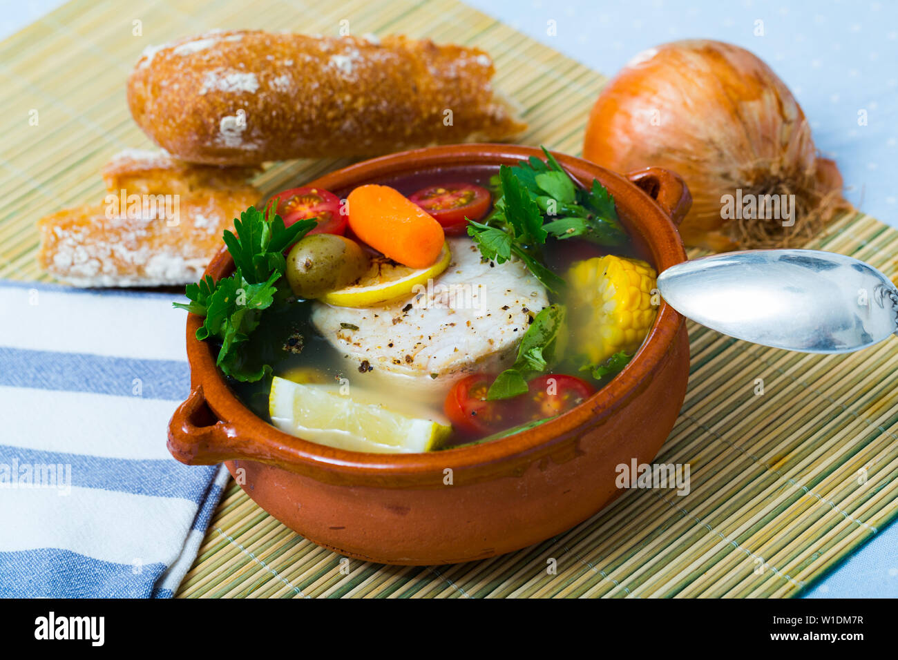 Recipe of pottage of fisherman: boil cod head for broth. Add potatoes ...
