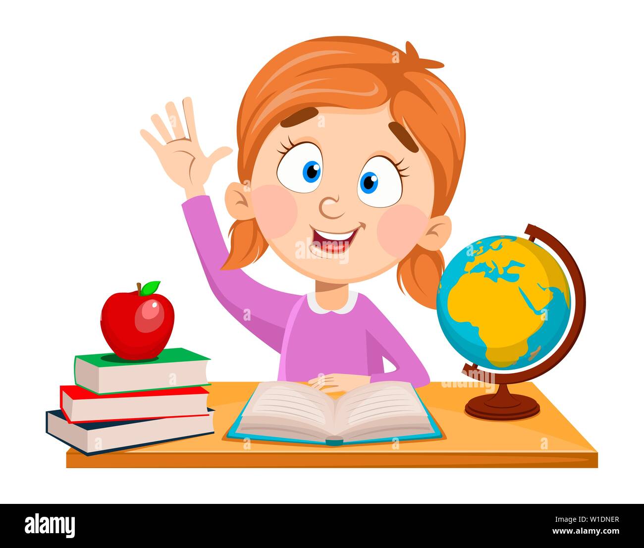 Back to school. Cute girl sitting at the desk. Funny cartoon character ...