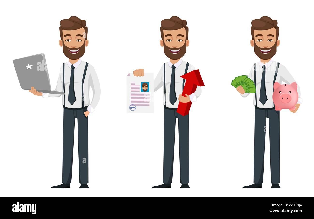 Business man cartoon character, set of three poses. Handsome bearded ...