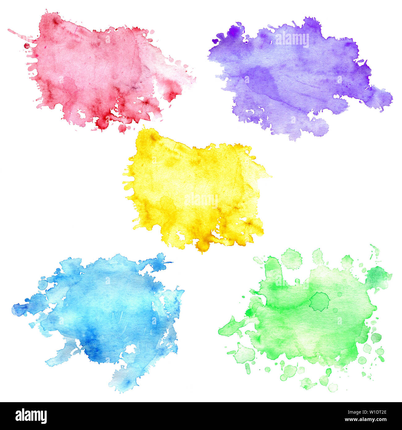 Set of 5 watercolor blots with splashes and stains. Watercolor spots of ...