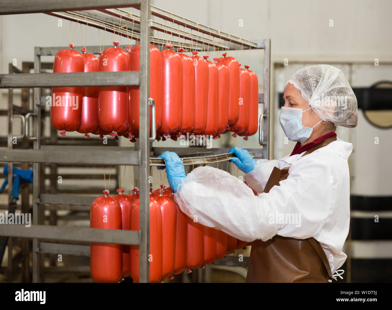 Female worker carrying raw sausages on racks in storage room at meat ...