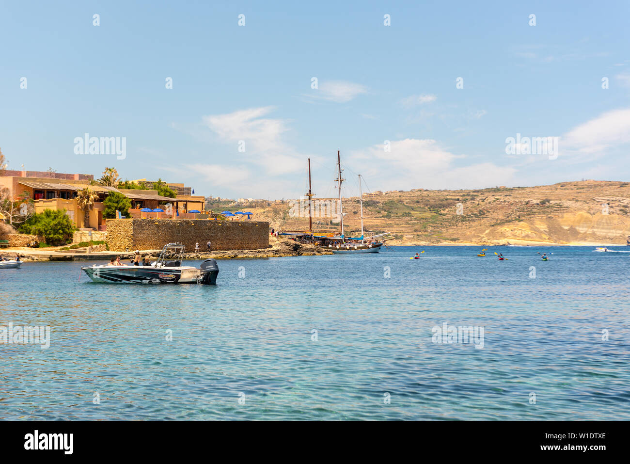 Panorama of the crystal clear blue waters of Santa Maria Beach in Santa ...