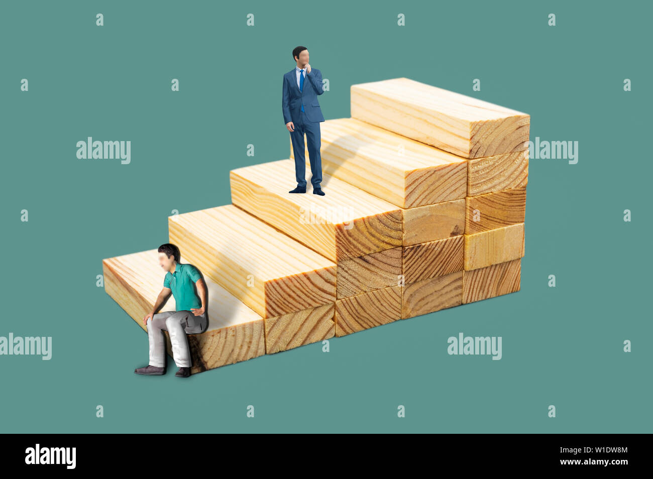 Miniature people: two business man stands and sitting down on wooden ...