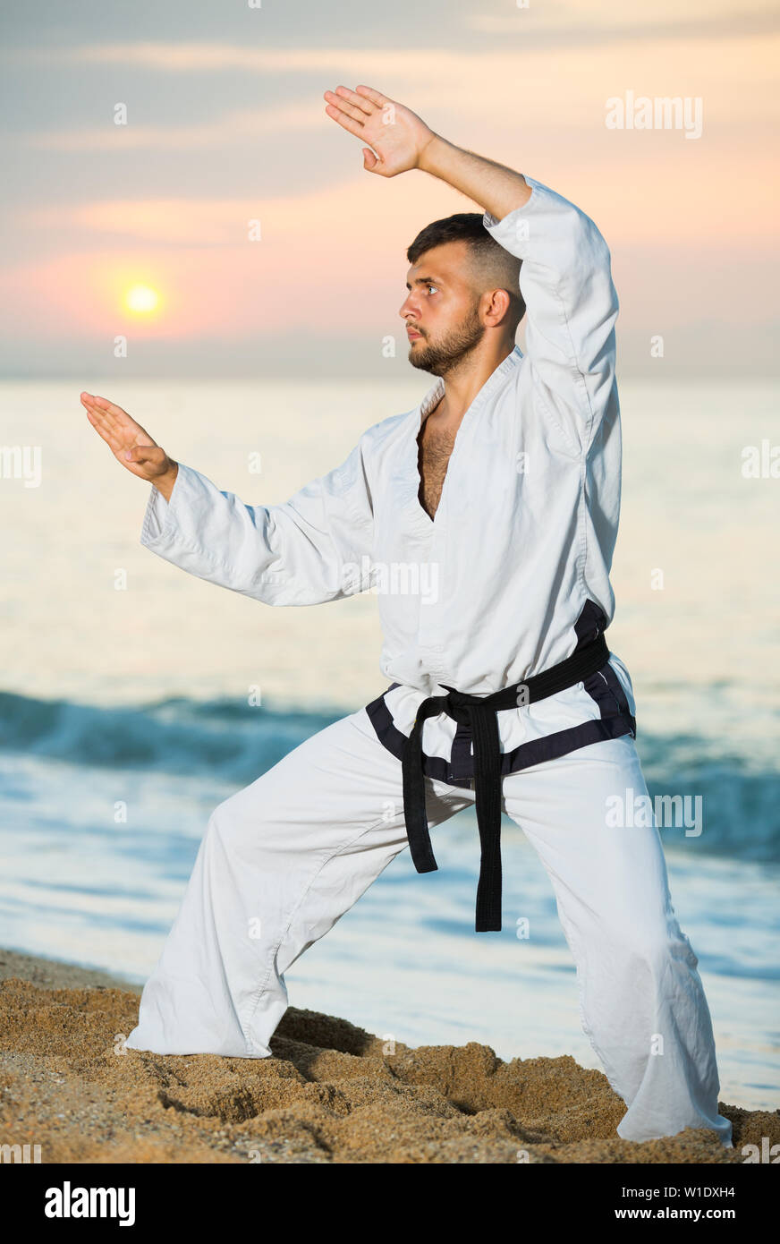 Positive male doing karate at ocean quay outdoor Stock Photo - Alamy