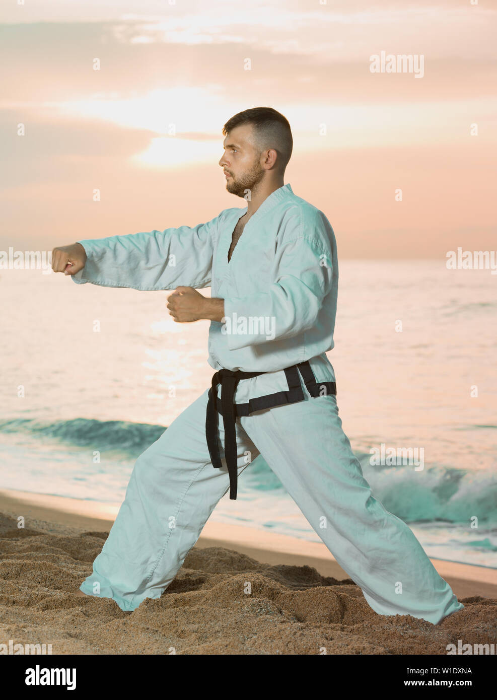 Smiling guy practising karate kata poses at seaside Stock Photo - Alamy
