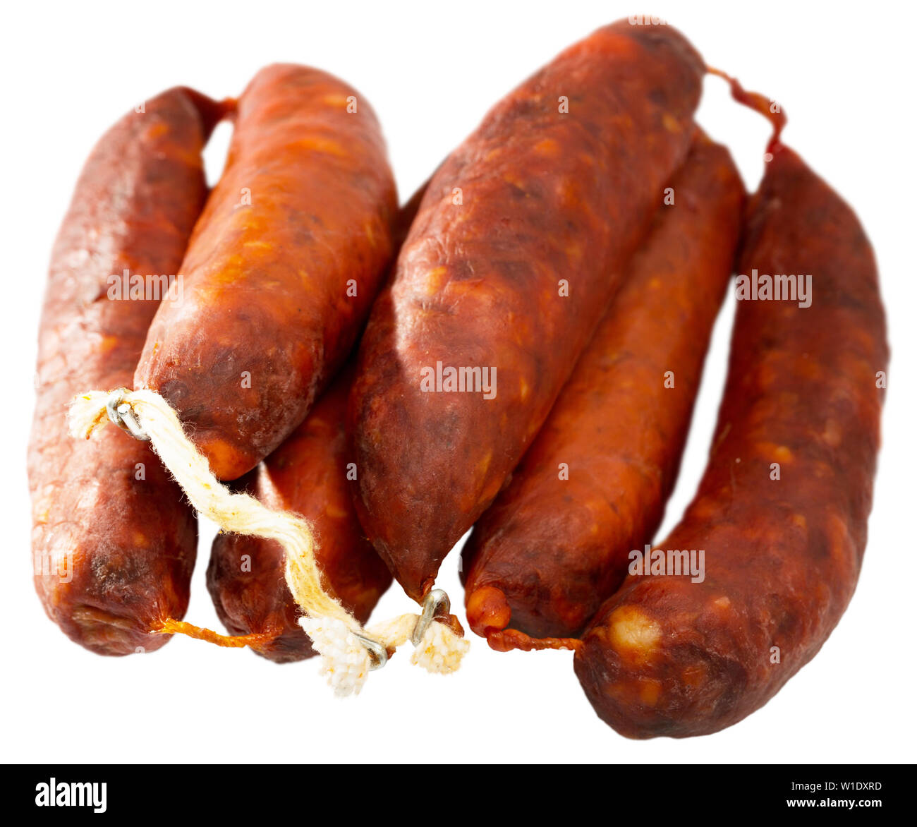 Spanish sausage chorizo, closeup. Isolated over white background Stock ...