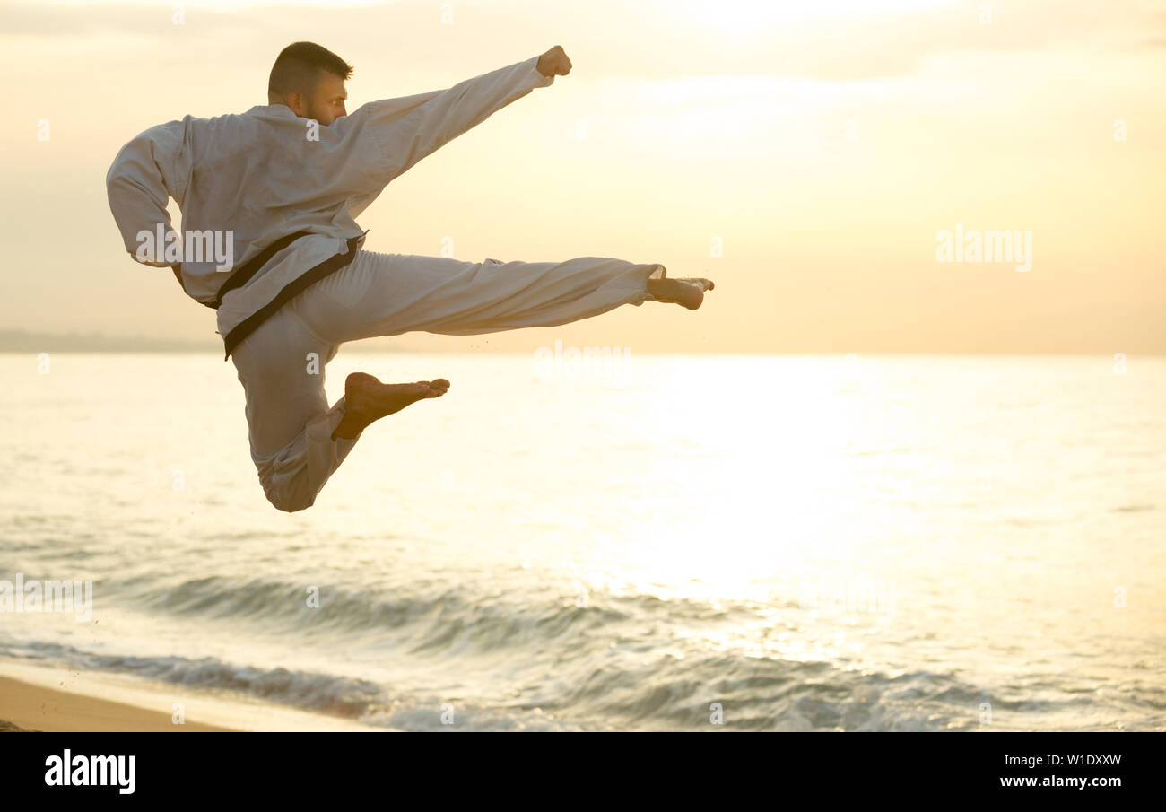 Young man doing karate poses at sunset sea shore Stock Photo - Alamy