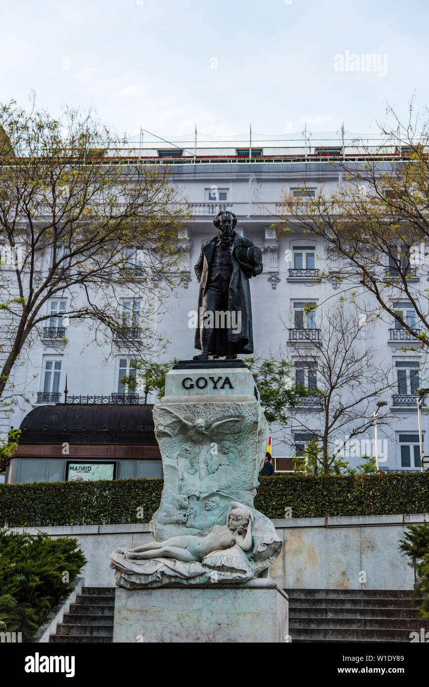 Madrid, Spain - April 14, 2019: Statue of Goya in the entrance to Prado ...