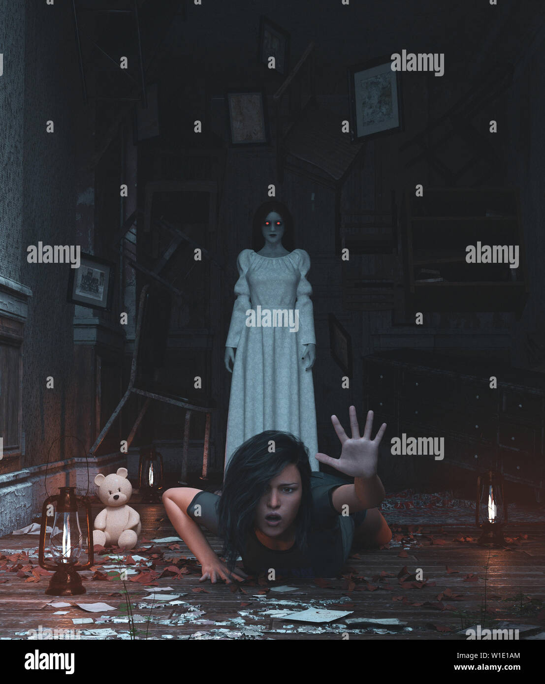 Girl is being terrified by malicious evil who living in a haunted house ...