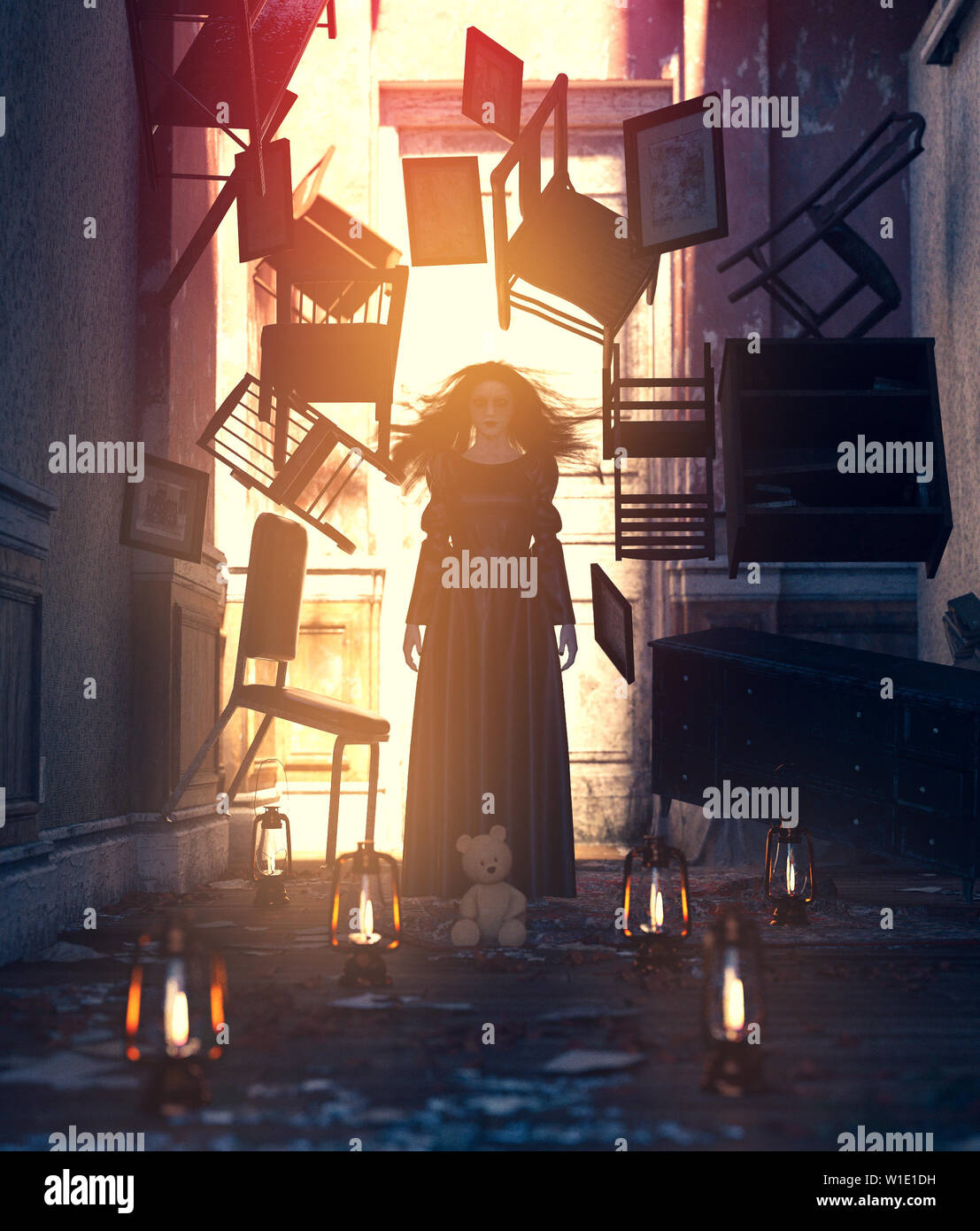 Ghost woman in black dress with things floating in haunted house,3d ...