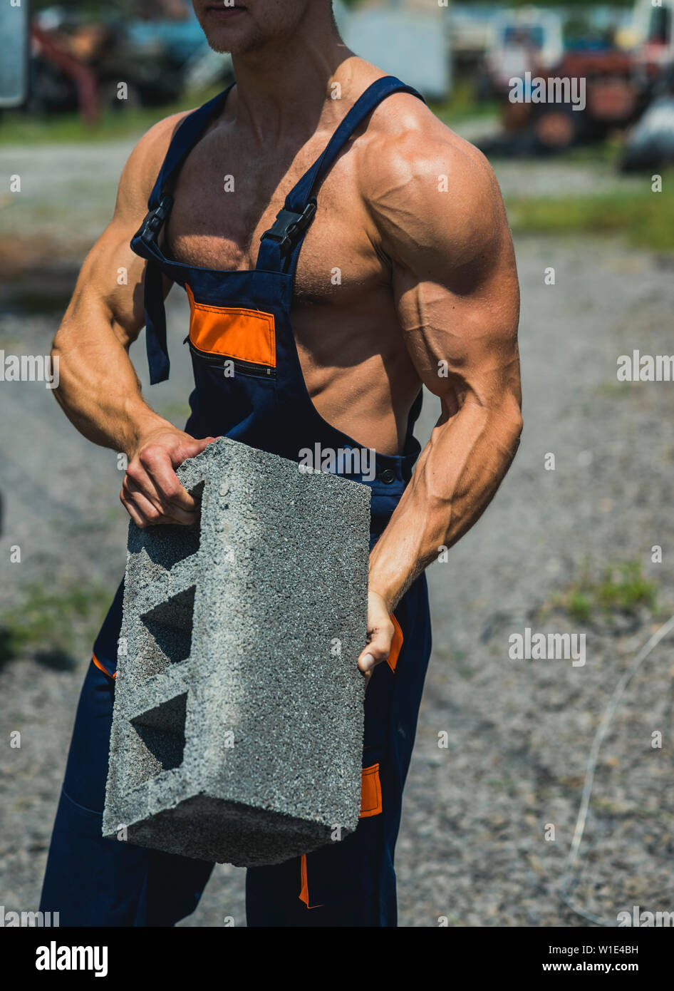 Power concept. Brick in fit arms with biceps and triceps muscle, power ...