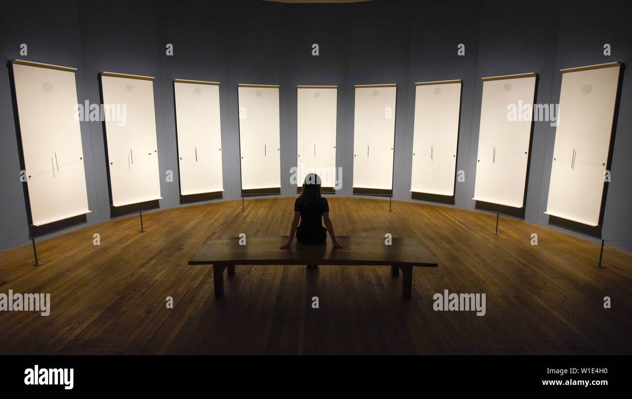 London, UK. 2 June 2019. A staff member views "Musicals", 1985-2004, by ...