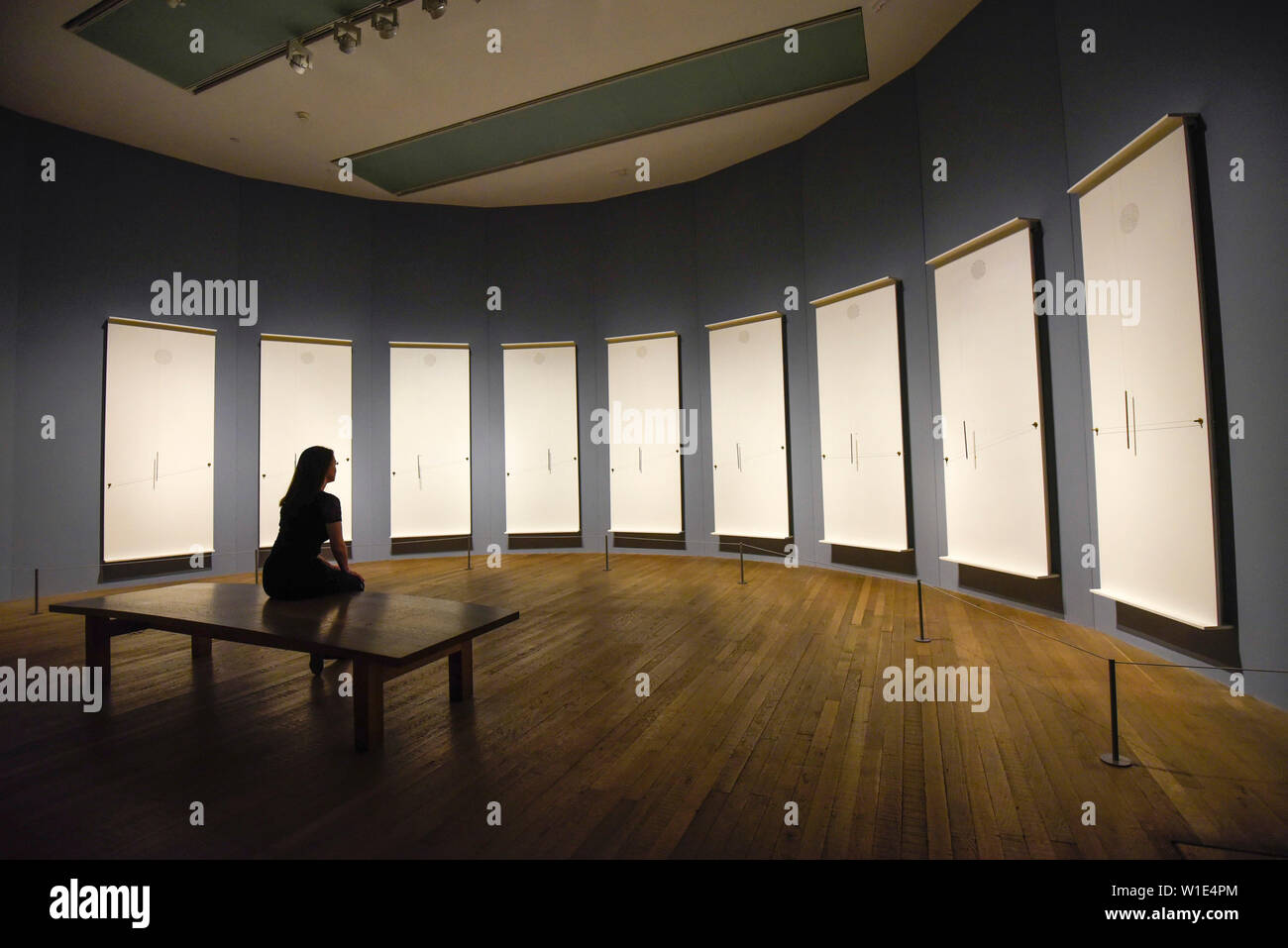 London, UK. 2 June 2019. A staff member views "Musicals", 1985-2004, by ...