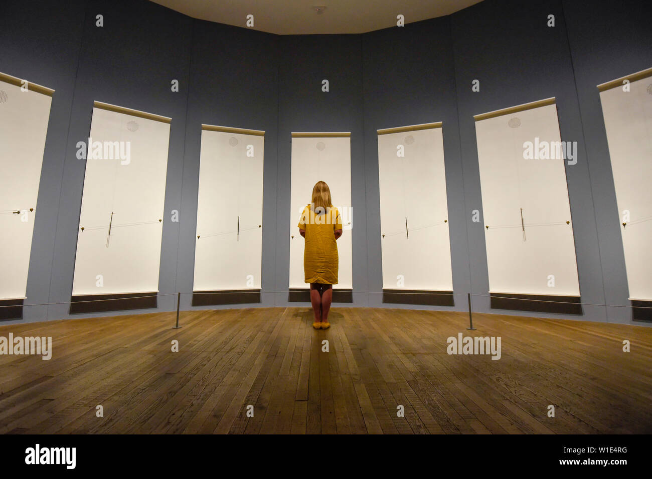 London, UK. 2 June 2019. A staff member views "Musicals", 1985-2004, by ...