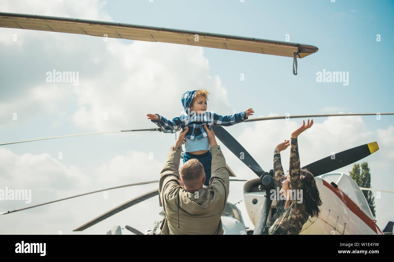 Dreaming concept. Little child dreaming about flying in sky on plane ...