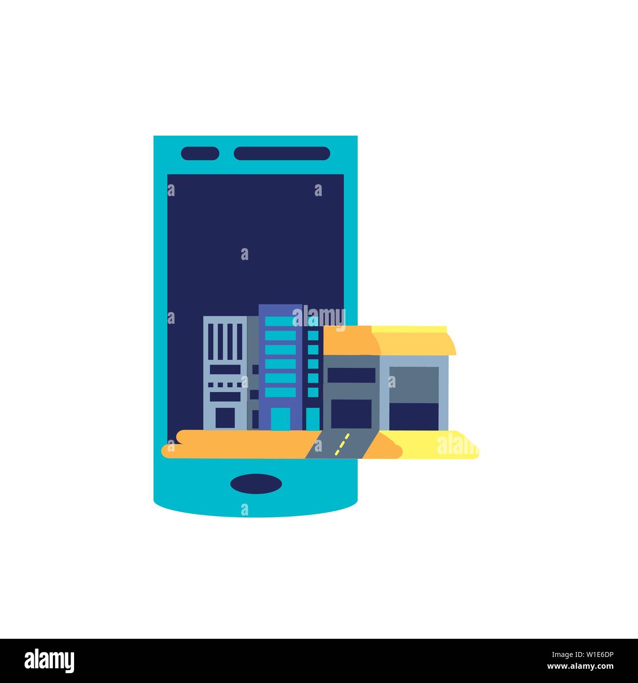 smartphone device with warehouse building structure vector illustration ...
