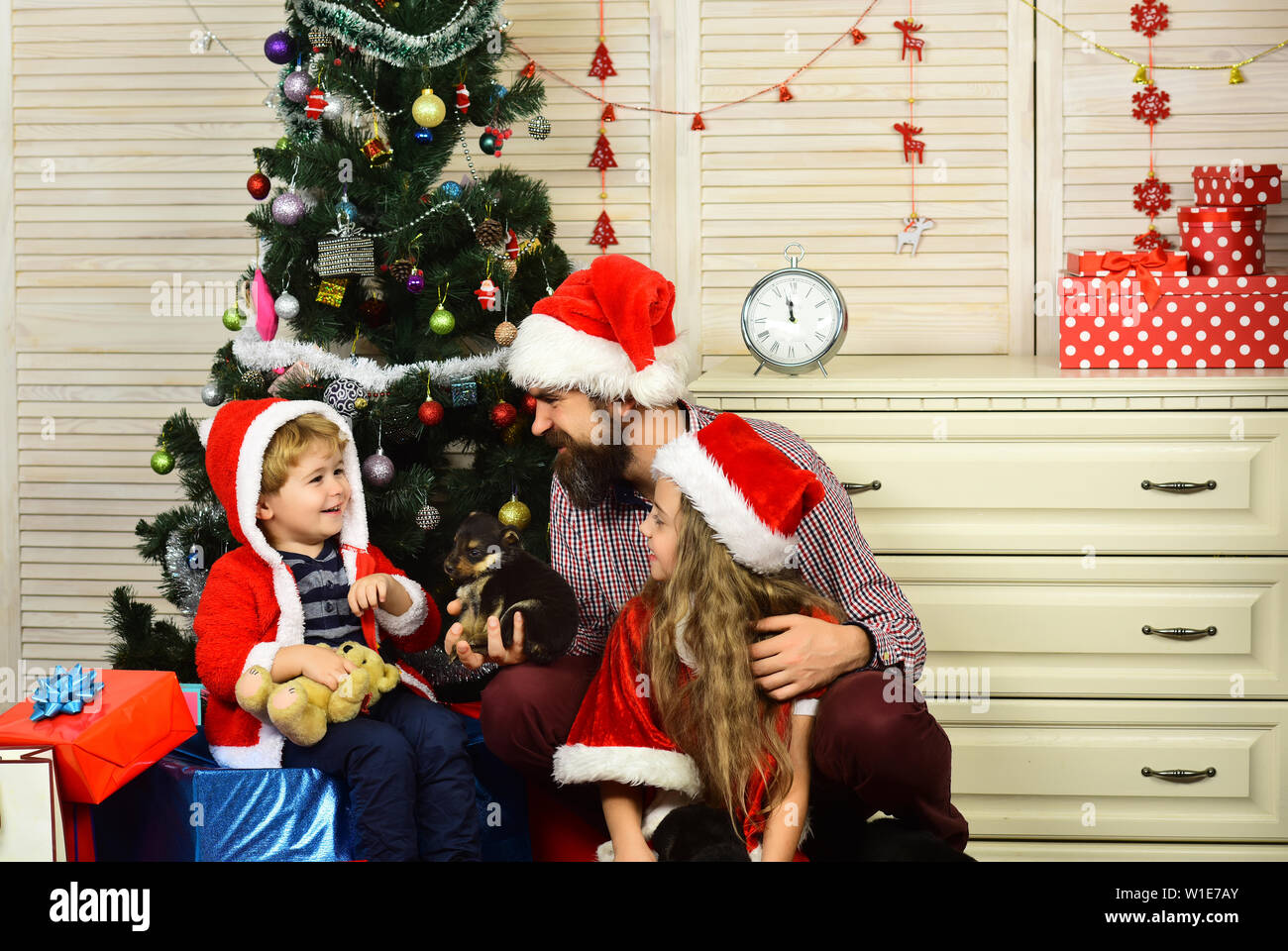 Happy family celebrate new year and Christmas. Father and child with ...