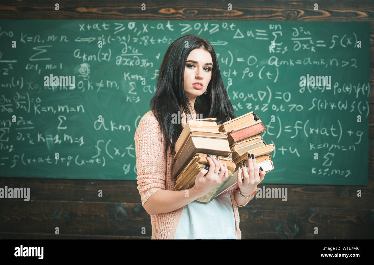 She Loves Reading Girl Nerd Holds Heavy Pile Of Old Books Chalkboard