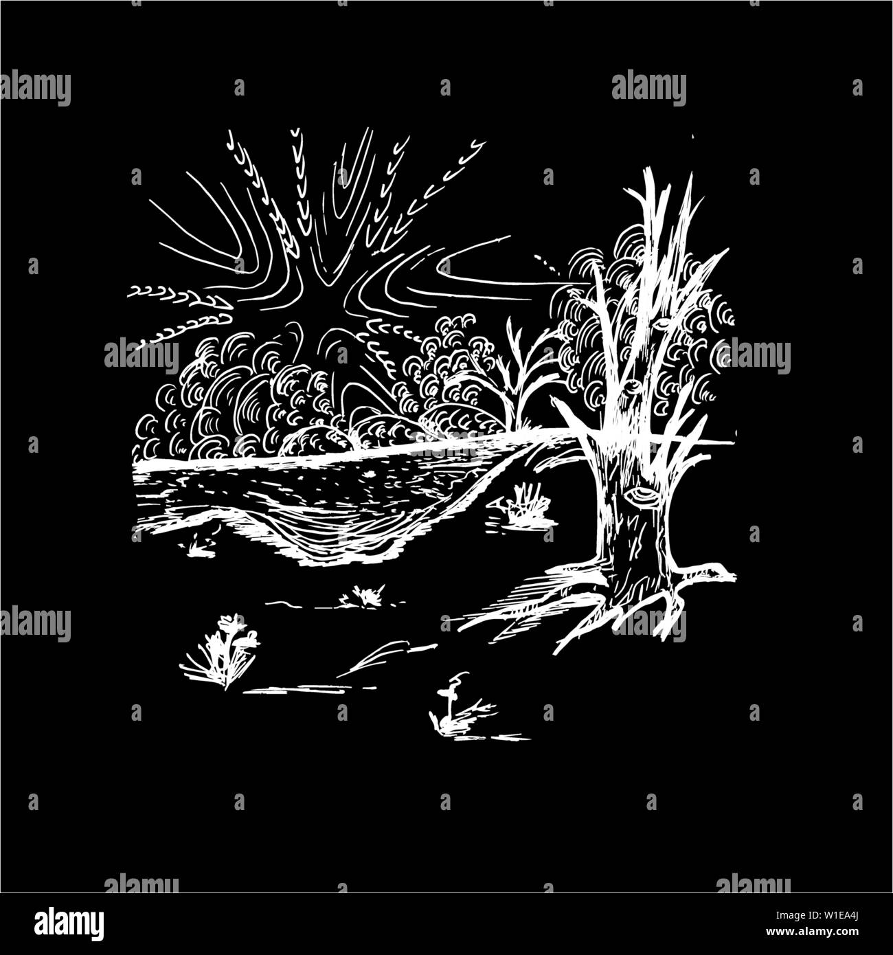 Black white illustration of a psychedelic landscape. Water, sky, tree ...