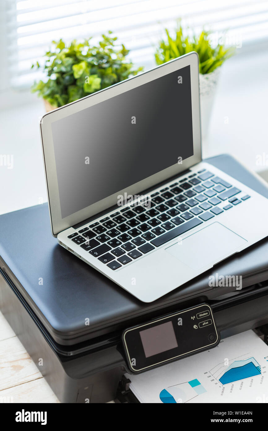 Printer and computer. Office table Stock Photo - Alamy