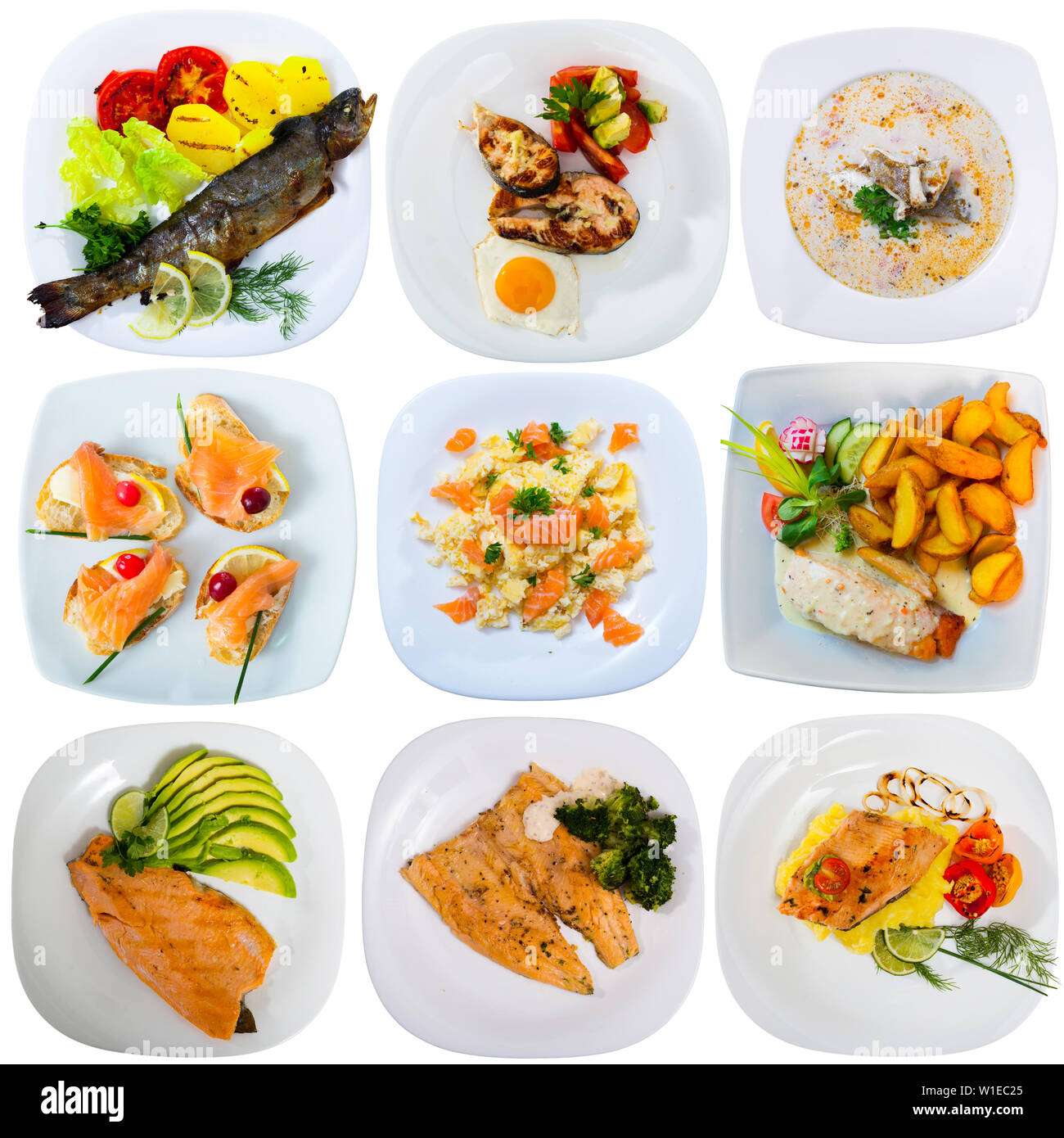 Set of various plates of fish food isolated on white background Stock ...