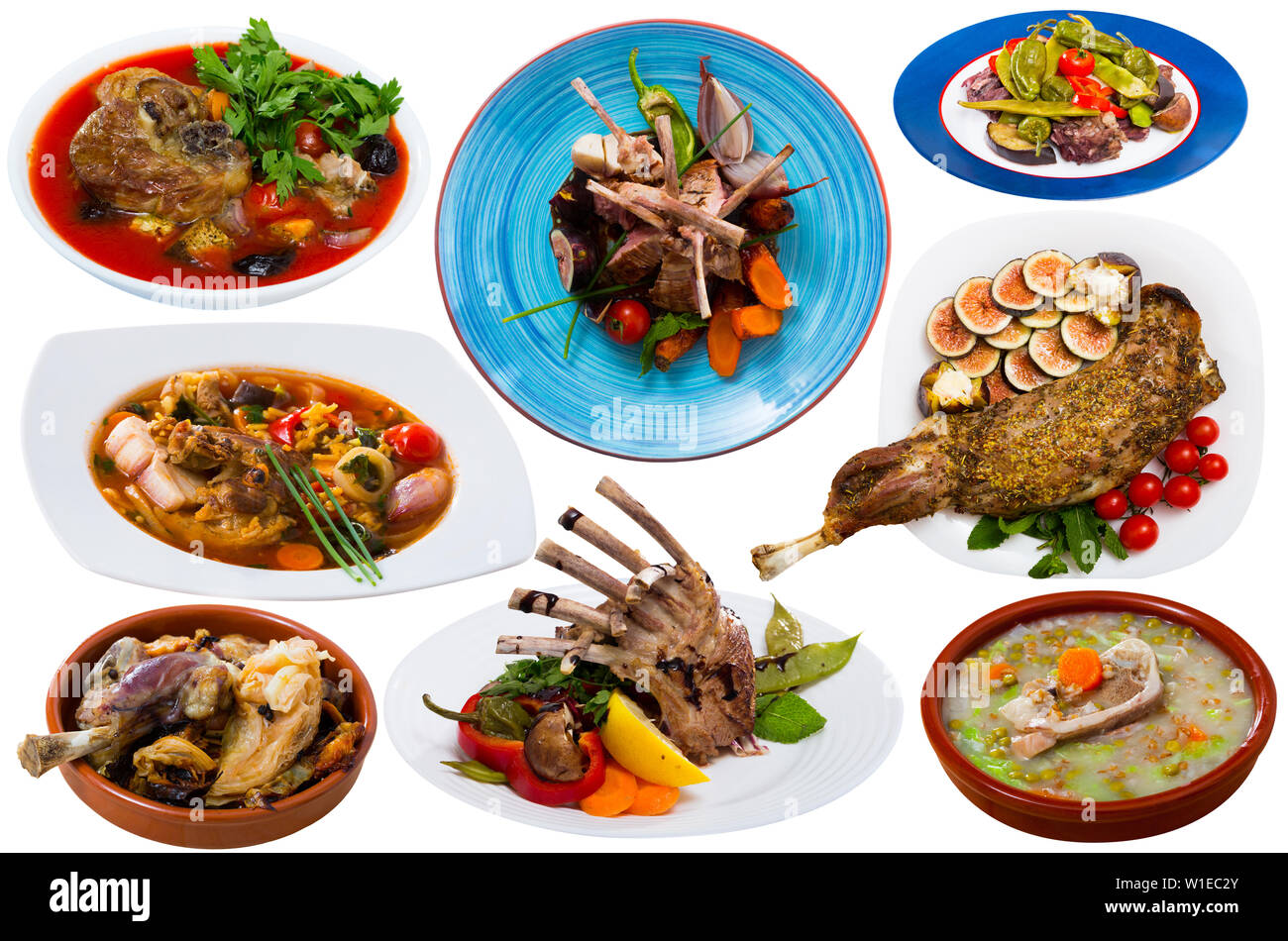 Set of lamb main courses, soups and snacks on white background Stock ...