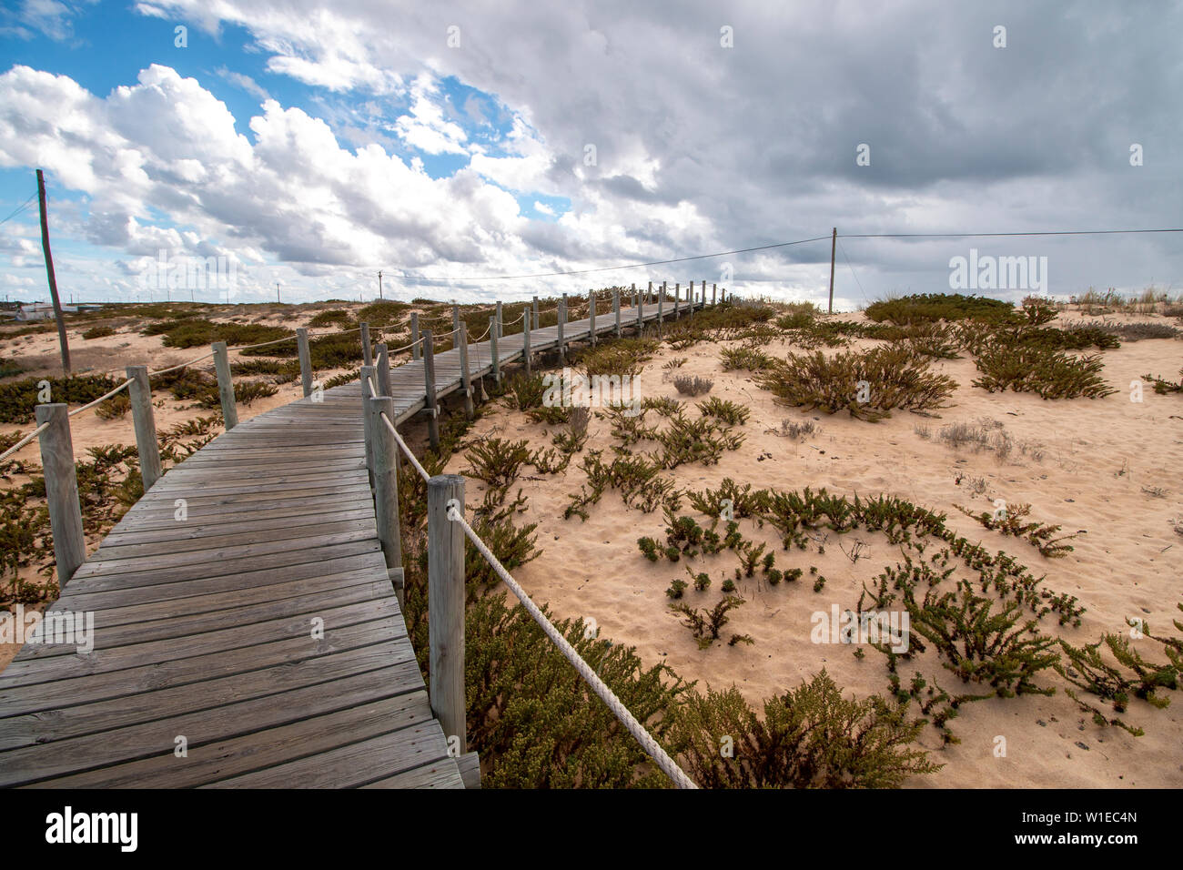 wooden path on the sand dunes shoreline on the beach of Faro region ...
