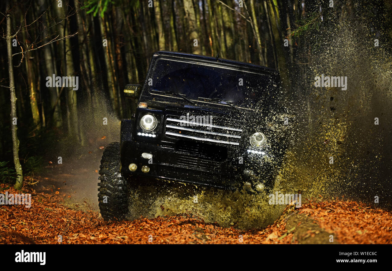 SUV or offroad car on path covered with leaves crossing puddle with ...