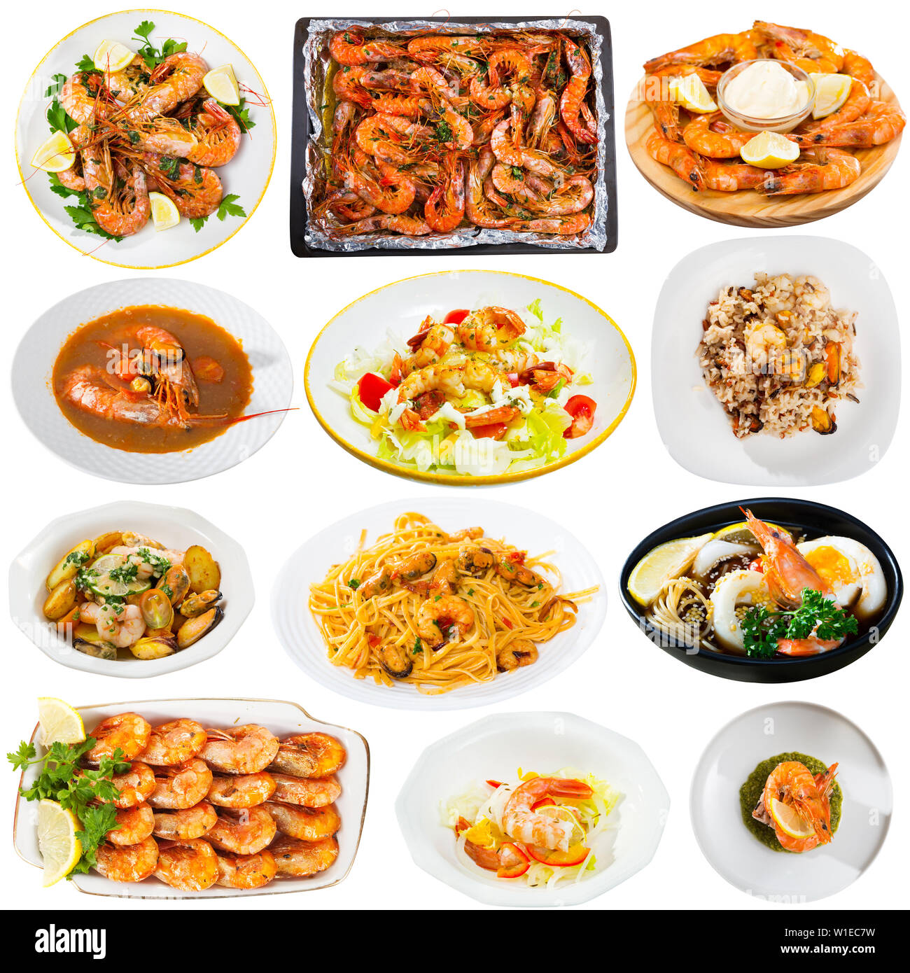 Collection of various dishes with shrimps, sauces and condiment on ...
