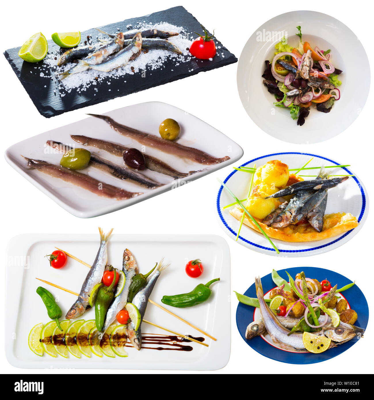 Set of delicious homemade and restaurant small fish dishes isolated on ...