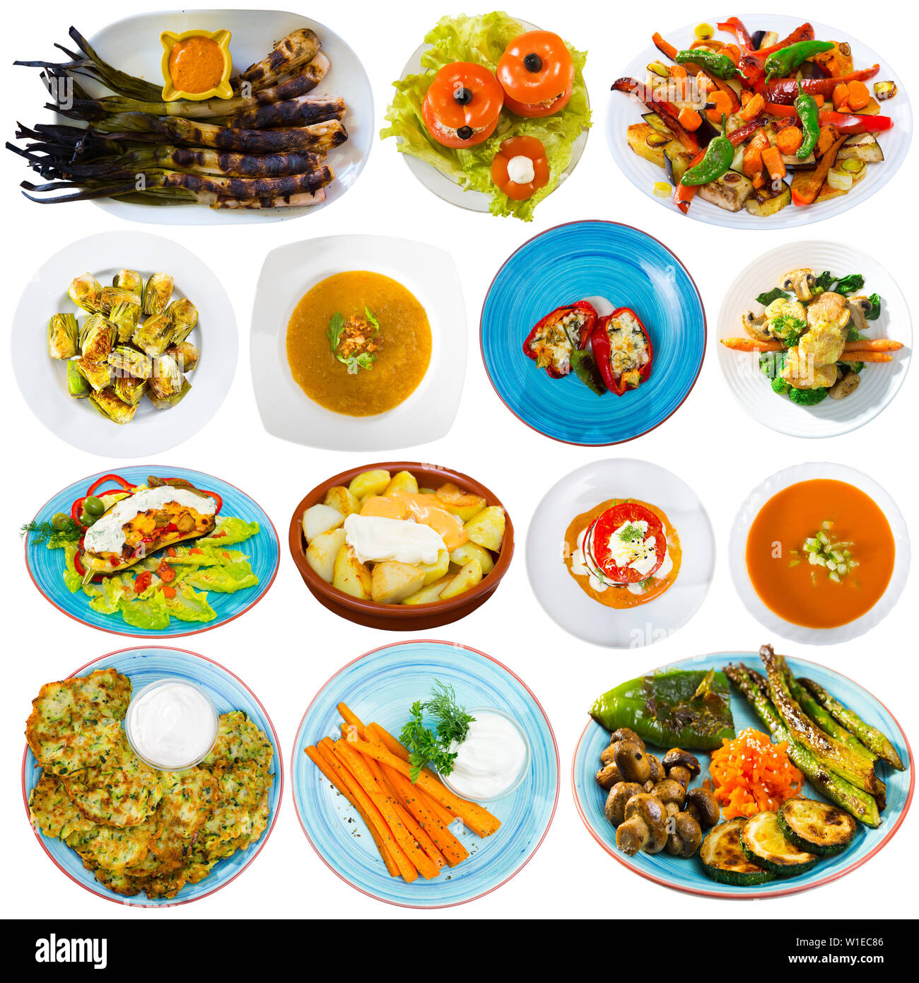 Set of various appetizing dishes with vegetables isolated on white ...