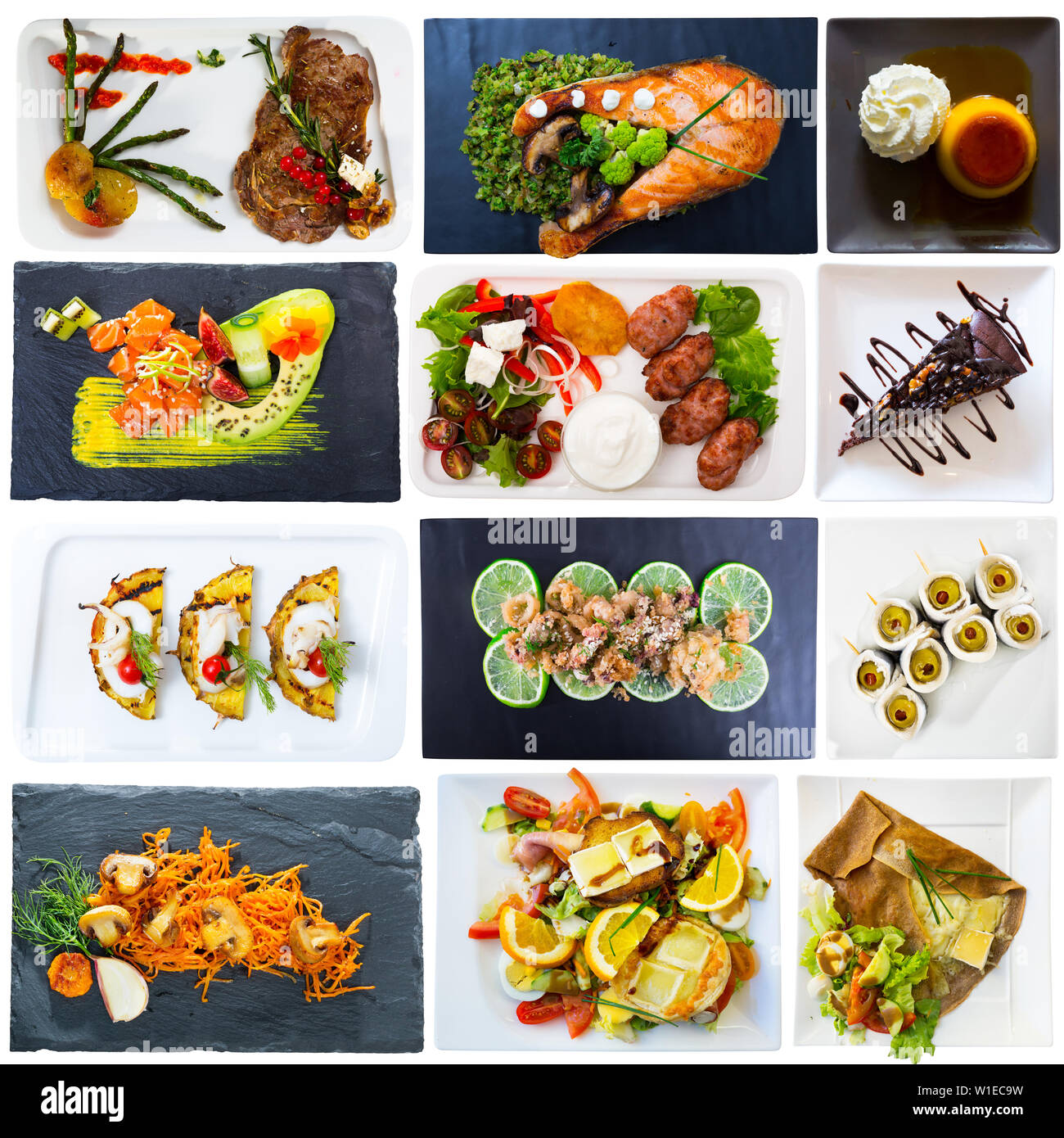 Set of various plates of tasty dishes served on square plates isolated ...