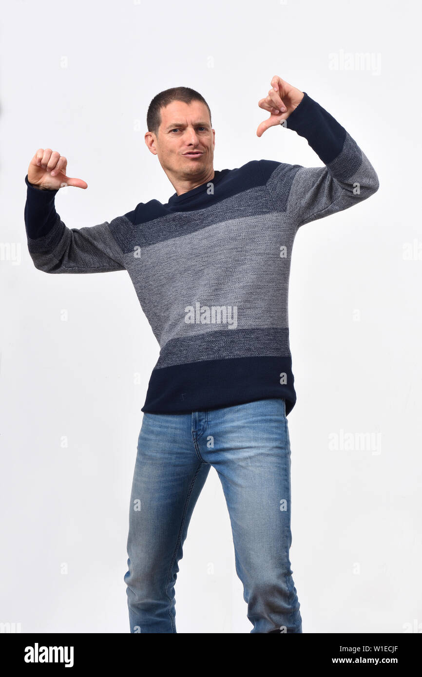 man pointing oneself on white background Stock Photo - Alamy