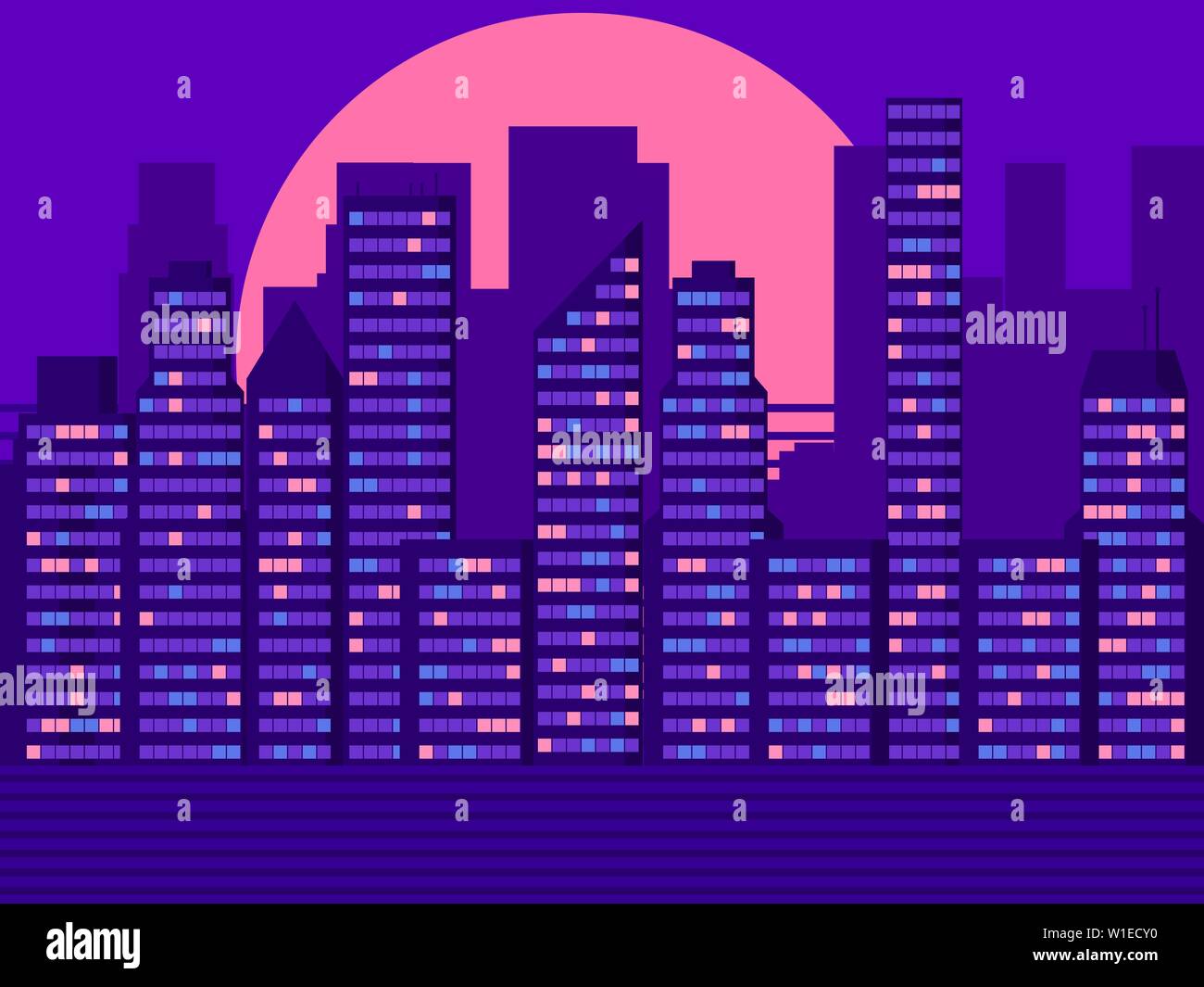 Skyscrapers landscape in retro style. Light in the windows. City sunset ...
